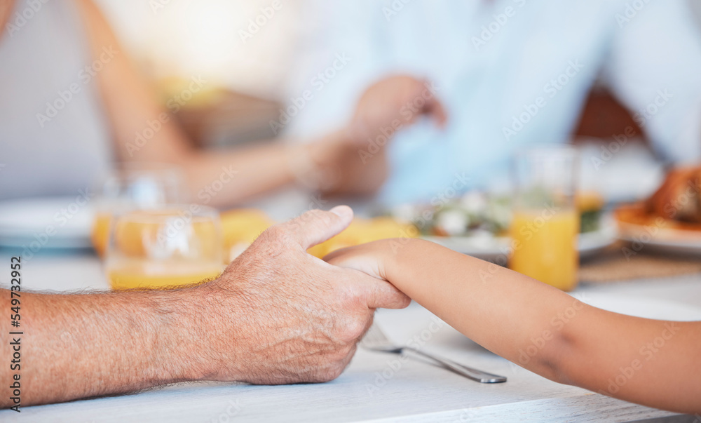 Family, hands and gratitude prayer for food at table together for faith ...