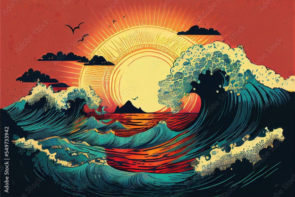 Sunset in ocean waves vintage style fantasy illustration. Generative AI ...