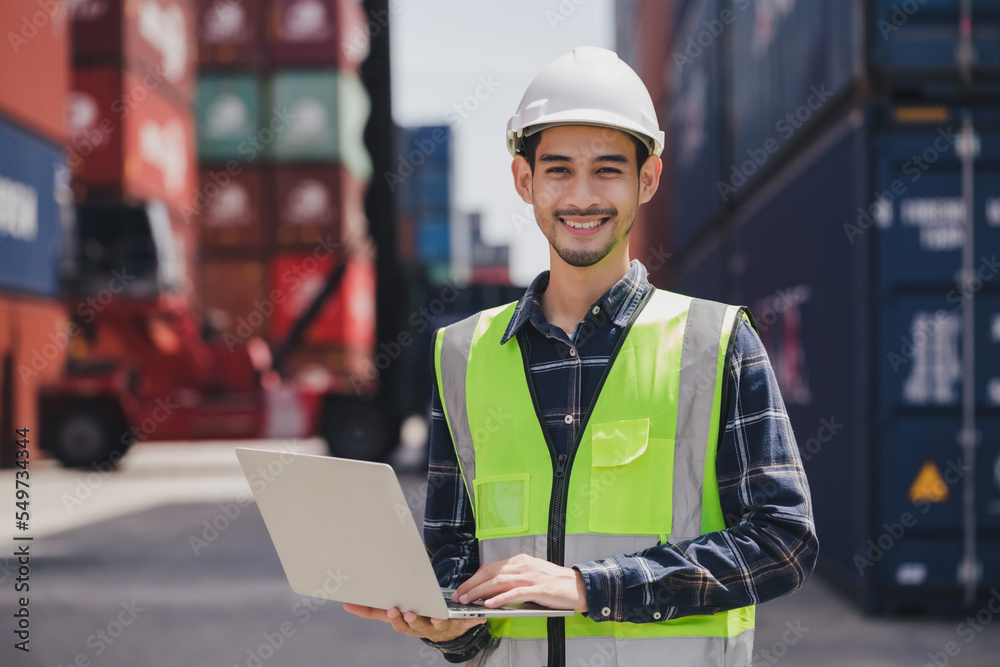 Portrait smart Asian engineer male wearing safety vest and hard helmet ...