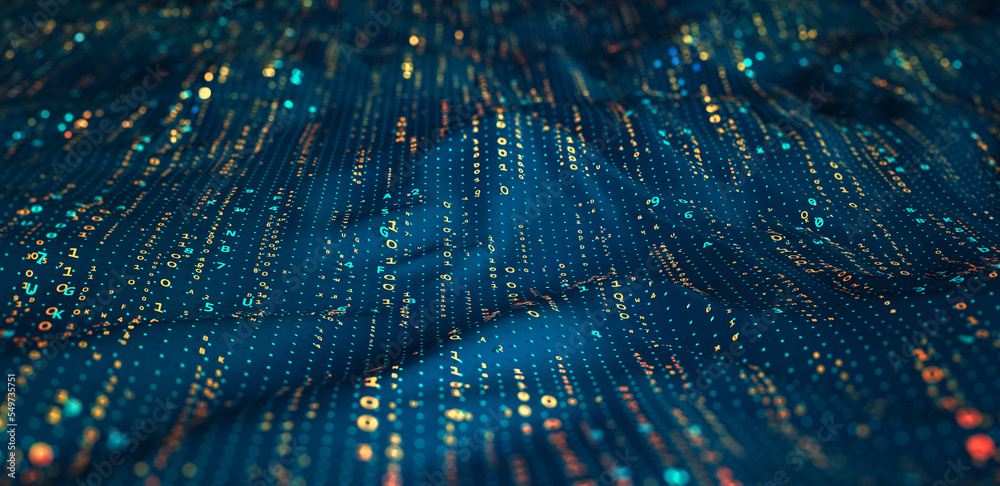 Cyber data stream. Digital neural networks. 3D illustration of a wavy open source surface Stock ...