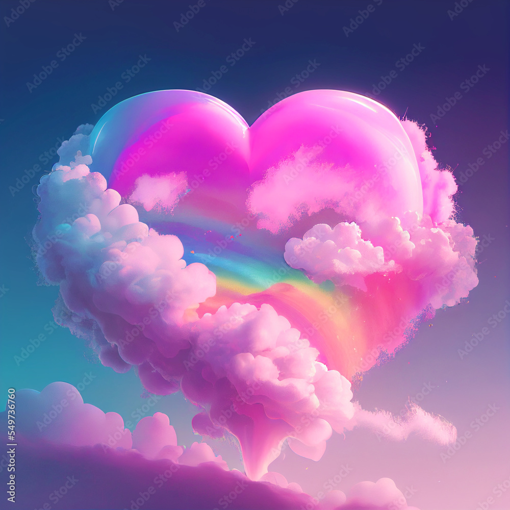 Rainbow heart cloud. Love cloud in the sky. LGBT love background. Queer rainbow heart poster ...
