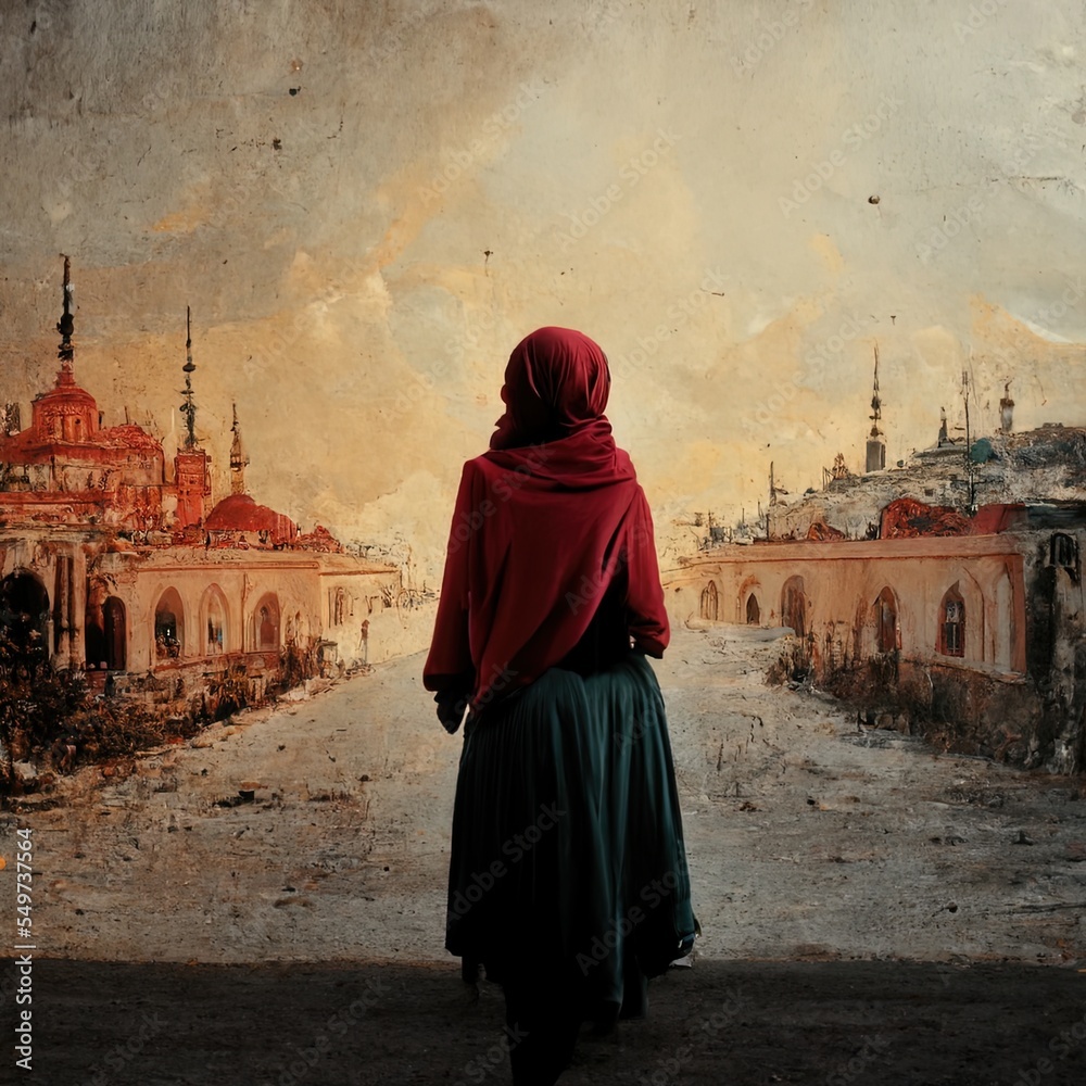 Iranian Woman in Red Scarf burqa in Islam City - Digital Art, Concept ...