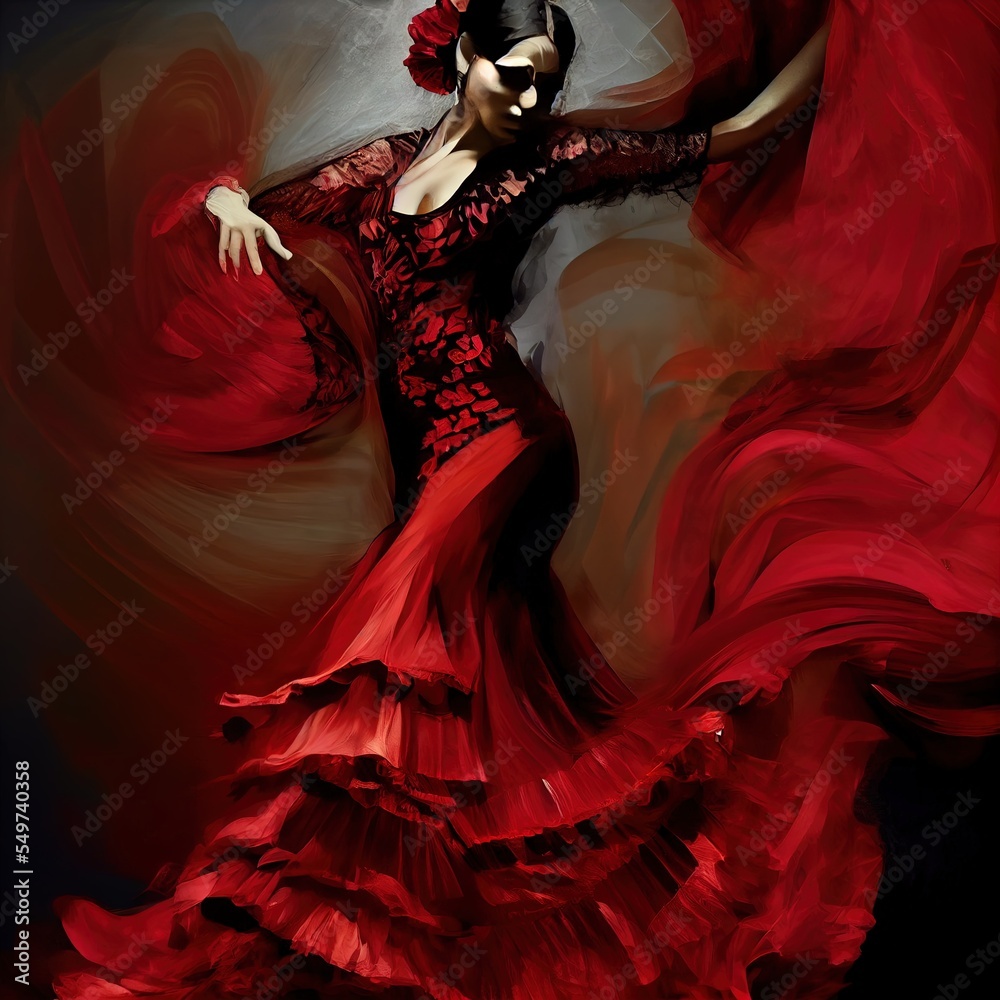 Colorful Woman Dancing Flamenco in Traditional Dress and Flowers ...