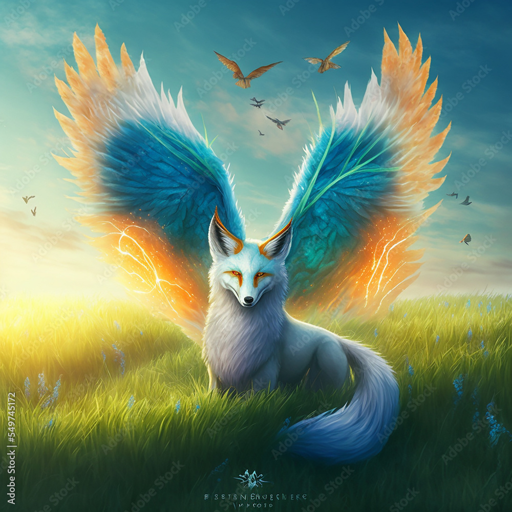 a fox pegasus in a field of tall grass, glowing wings of fire and ice, a tail made out of wind ...
