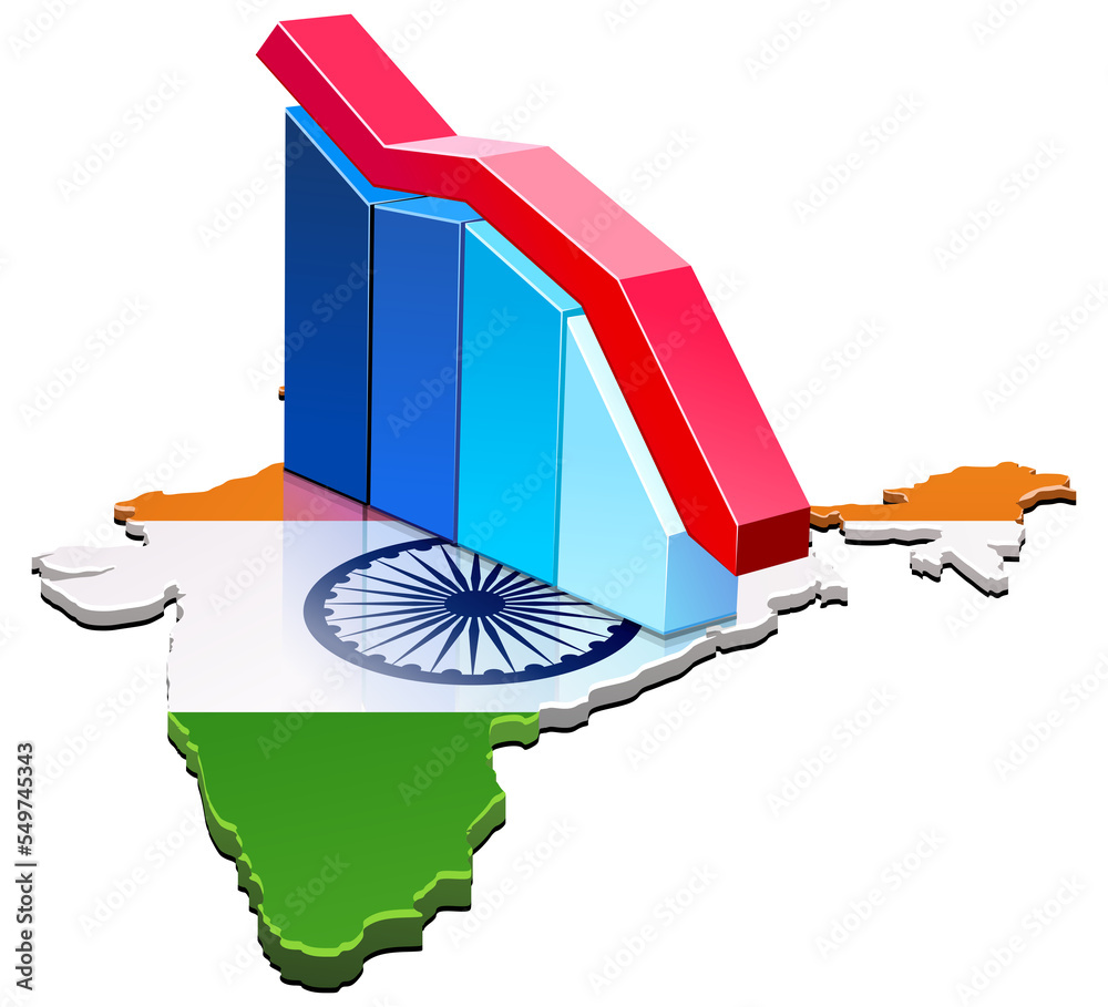 3D map of India in the colors of the Indian flag on which are laid bars ...