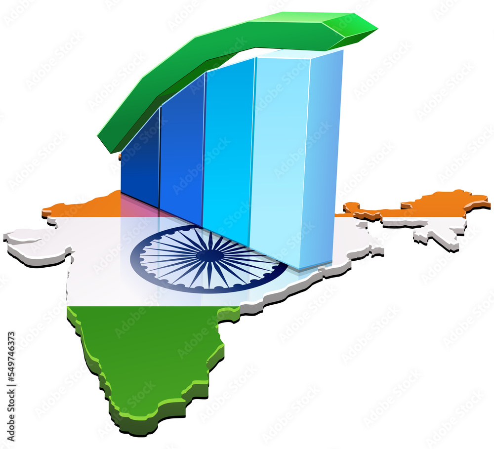 3D map of India in the colors of the Indian flag on which are laid bars ...