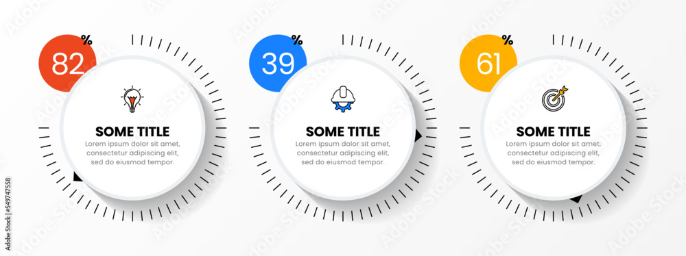 Infographic template. 3 rotary buttons with pointer, text and ...