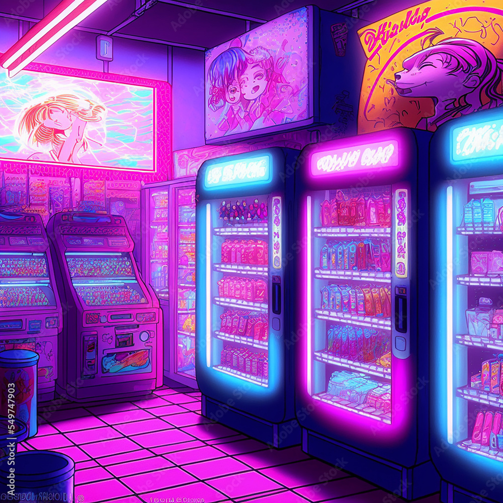 anime screenshot of cyberpunk vending machine shop interior,neon glow ...
