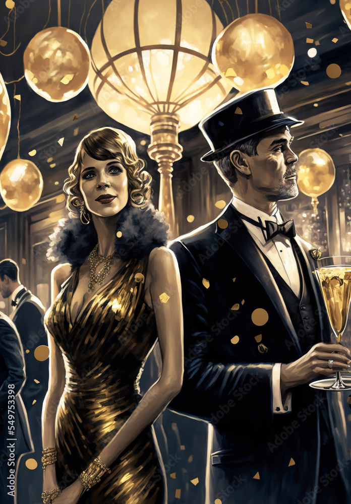 Art Deco Party Celebration Illustration Couple At A Party In The Style