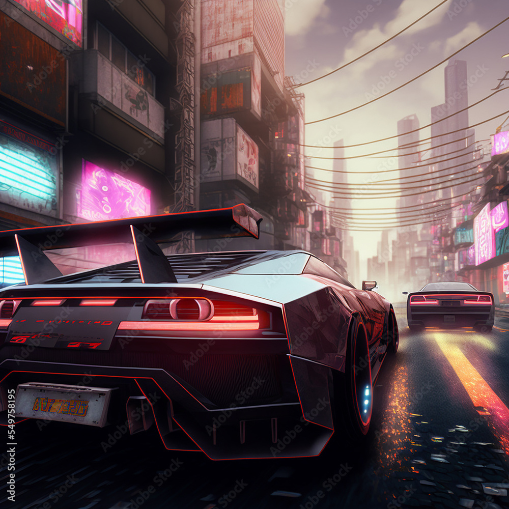 wide angle action image of cybernetic japanese street racing cars ...