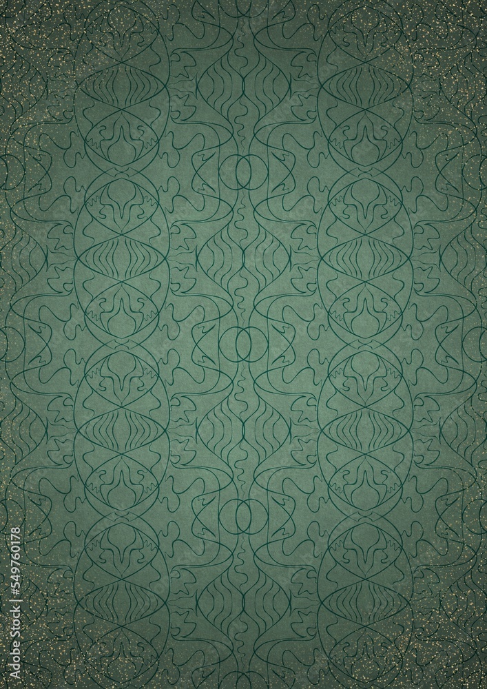 Hand-drawn unique ornament. Dark green on light cold green background ...