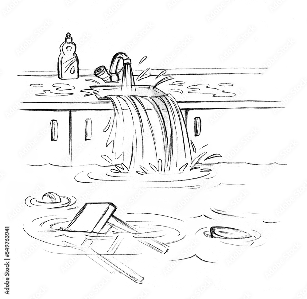 Flood in the kitchen. Pencil drawing Stock Illustration | Adobe Stock