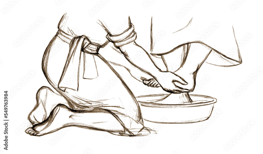 Christ washes Peter's feet. Pencil drawing Stock Illustration | Adobe Stock