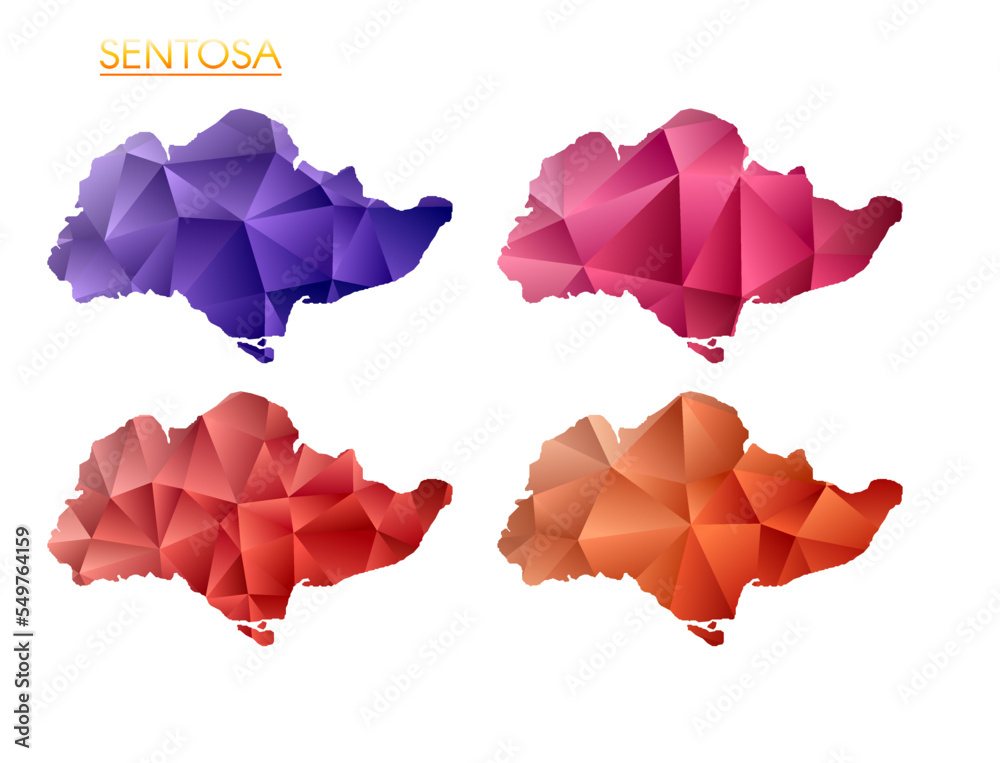 Set of vector polygonal maps of Sentosa. Bright gradient map of island ...