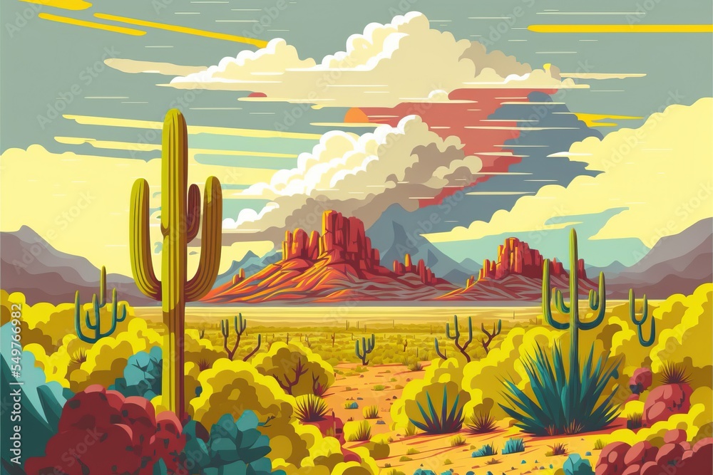 Desert Arizona landscape, dry cactus valley with intense orange dusty ...