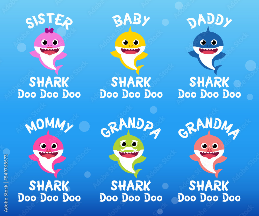 Vector set of Baby Shark Birthday Illustrations. Shark Icons Stock ...