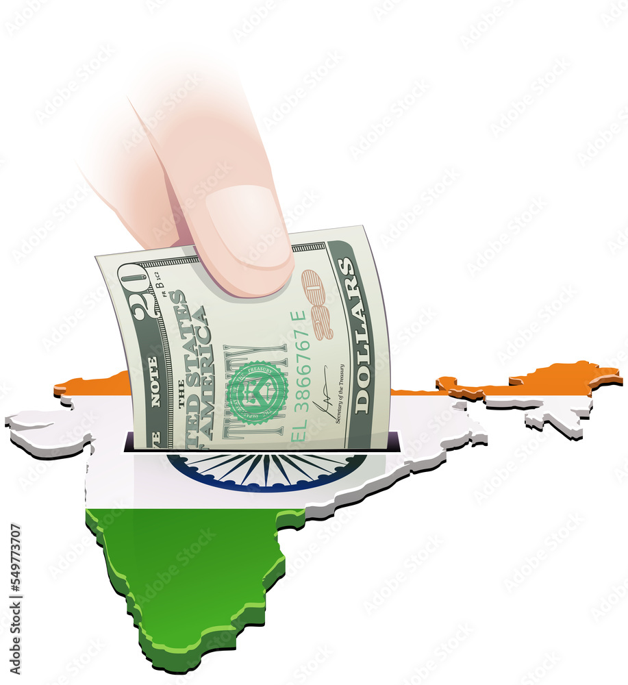 3D map of India in the colors of the Indian flag on which a hand places ...