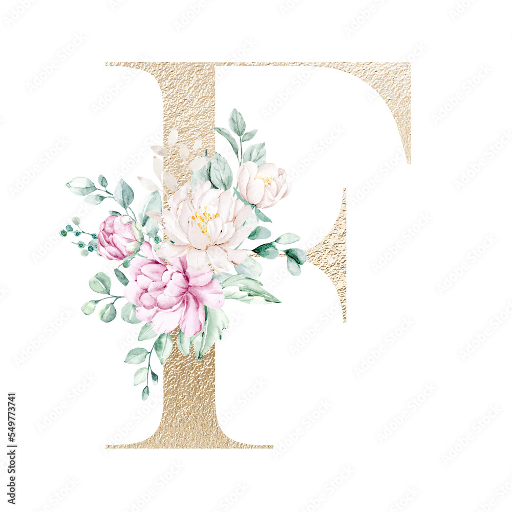 Floral alphabet, gold letter F with watercolor flowers and leaf ...