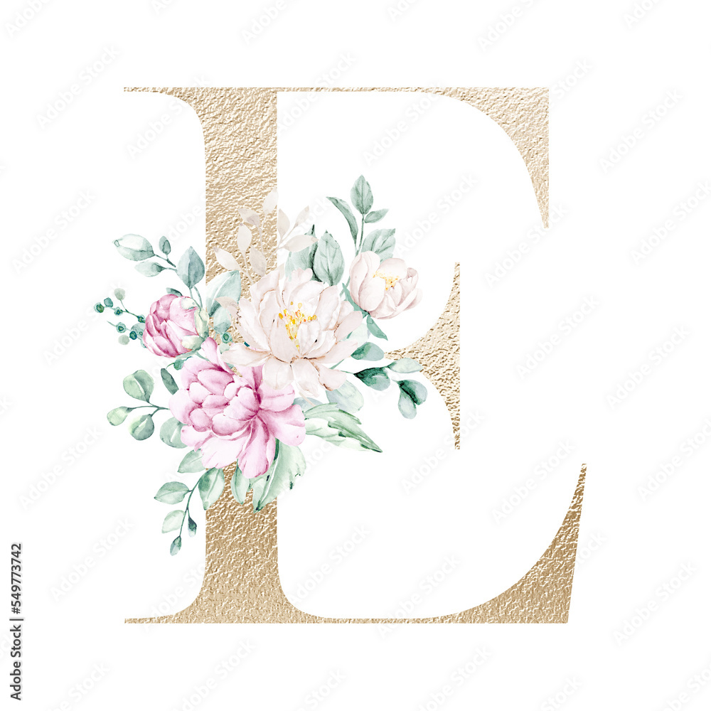 Floral alphabet, gold letter E with watercolor flowers and leaf ...