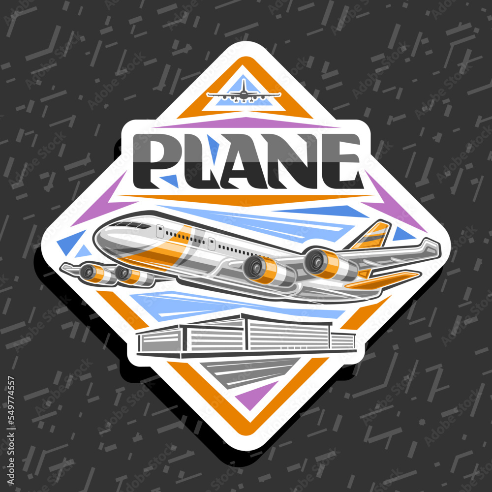 Vector logo for Plane in motion, white decorative rhombus label with ...