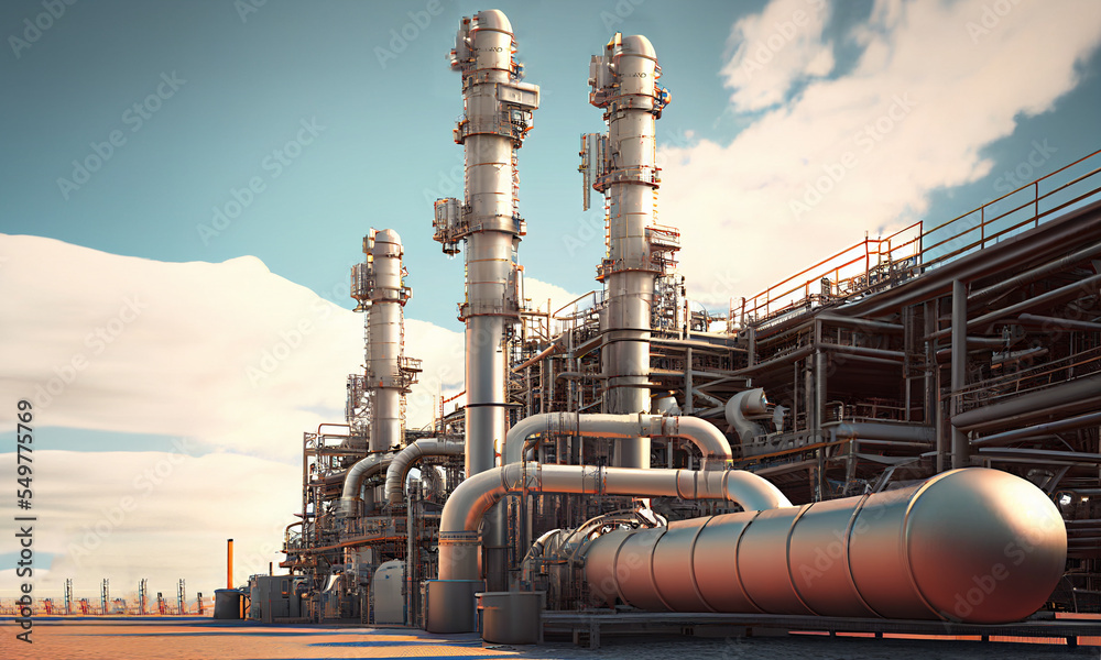 Large refinery complex with metal shiny pipelines at daylight ...