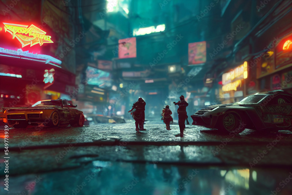 a beautiful isometric diorama of cyberpunk 2077 street on a table ...