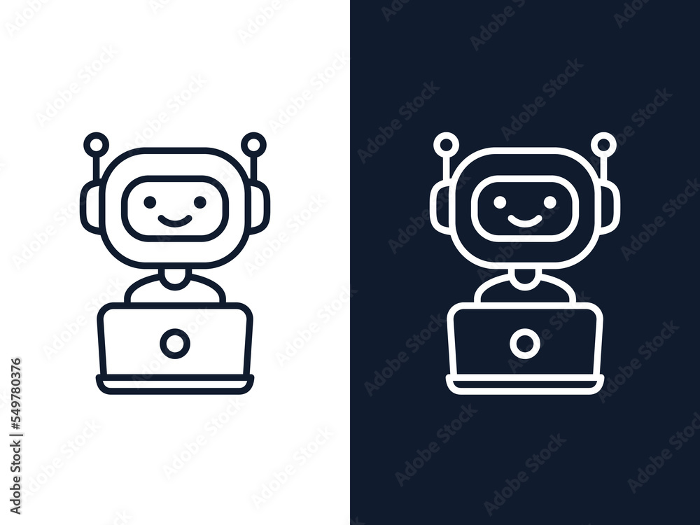 Chatbot outline icon. Bot sign design. Cute robot working behind laptop ...