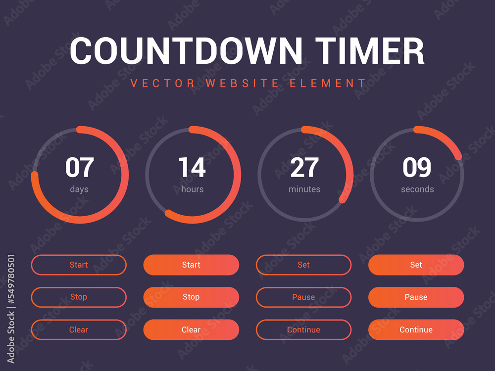 Countdown Timer Vector Website Element With Buttons Flat Digital Clock