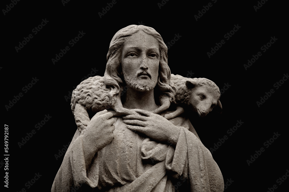 Ancient statue of Jesus Christ is the Good Shepherd with the lost sheep ...