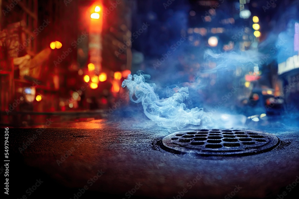 manhole on a blurred background of Times Square during shows and ...