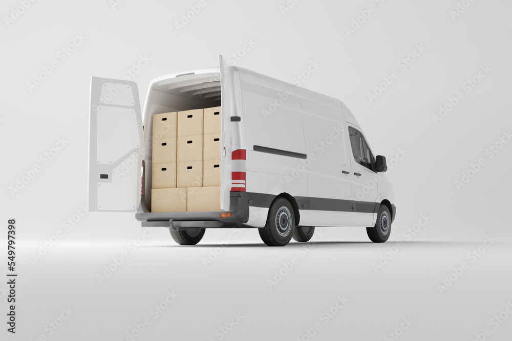 Commercial delivery white van with cardboard boxes on white background ...