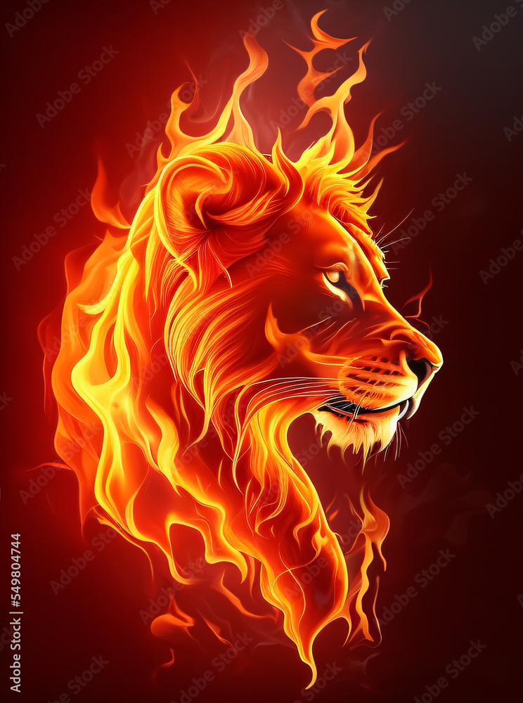 Fire Lion - digital drawing of a fiery lion on a dark red background ...