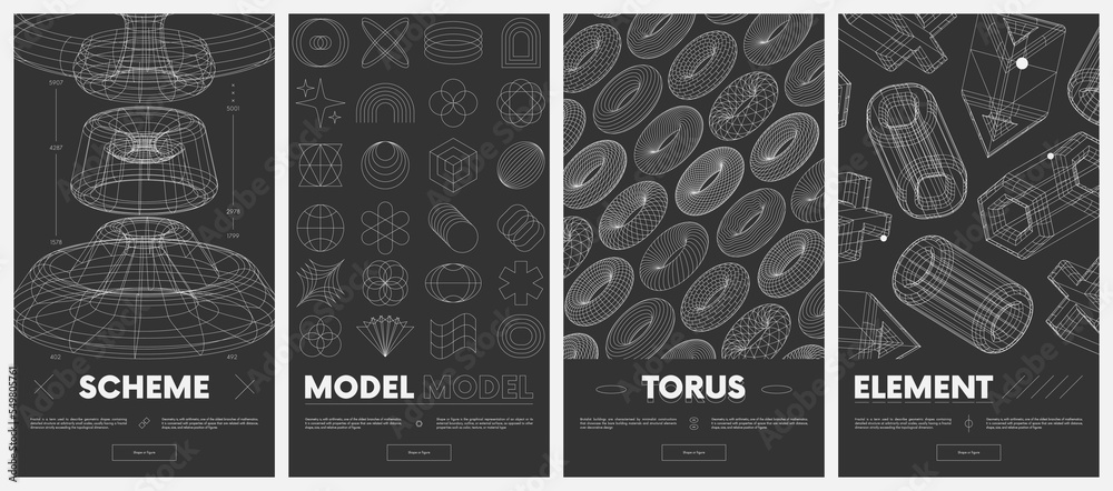 Collection vector posters with strange wireframes of geometric shapes ...