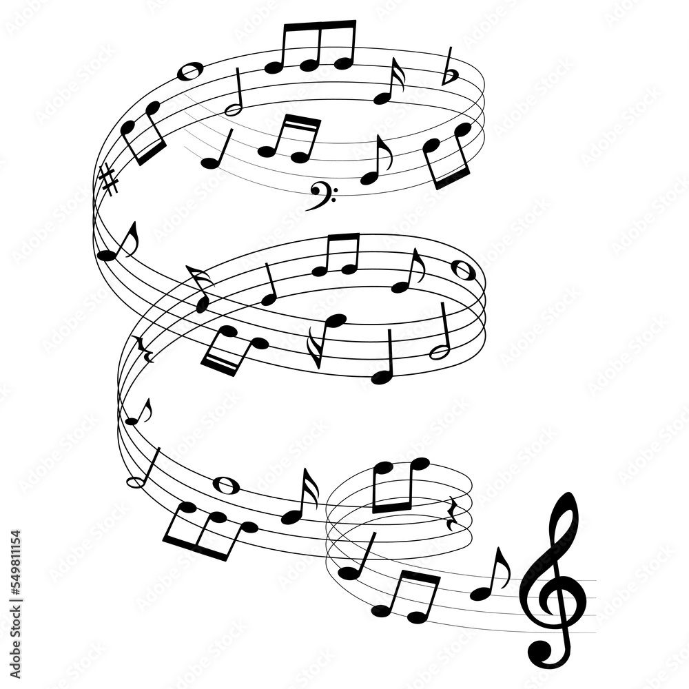 Music notes background, musical elements on wavy swirl lines, vector ...