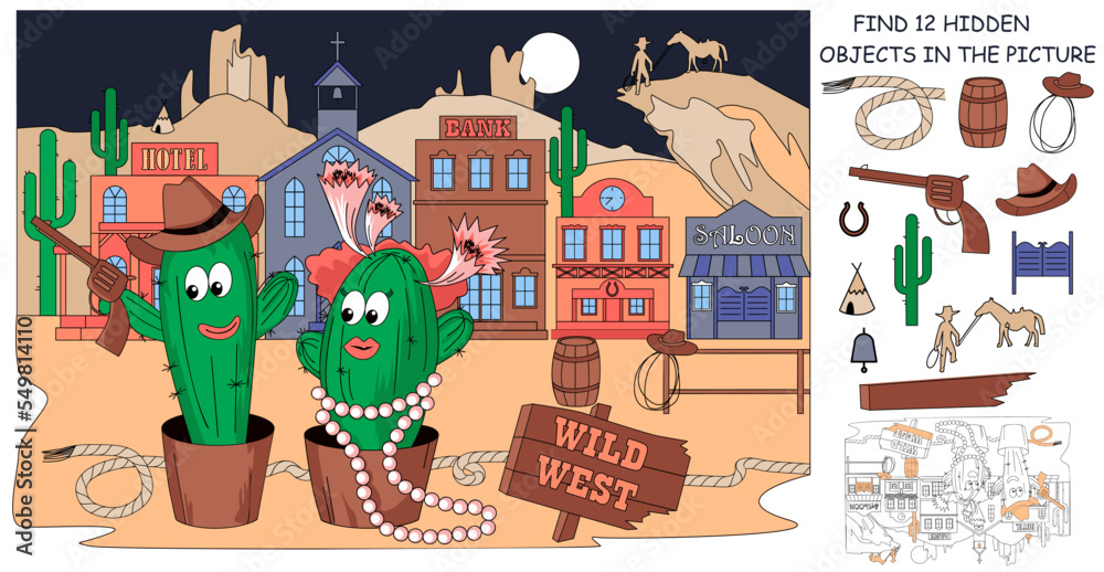 Find hidden objects. Wild West Cactus cowboy and cowgirl. Puzzle Hidden ...