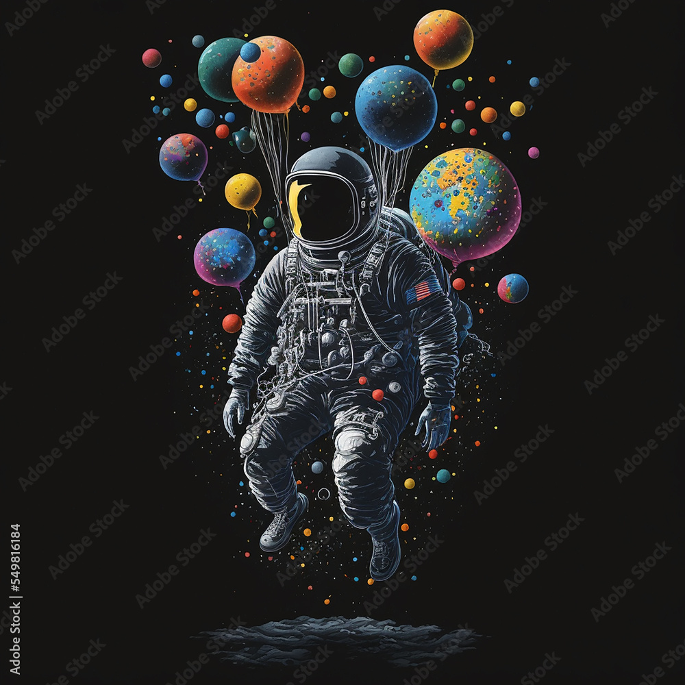 Full Portrait, an astronaut floating through space using balloons ...