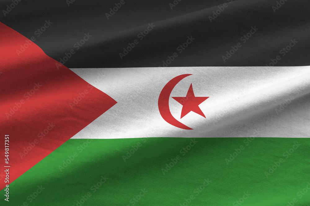 Western Sahara flag with big folds waving close up under the studio ...