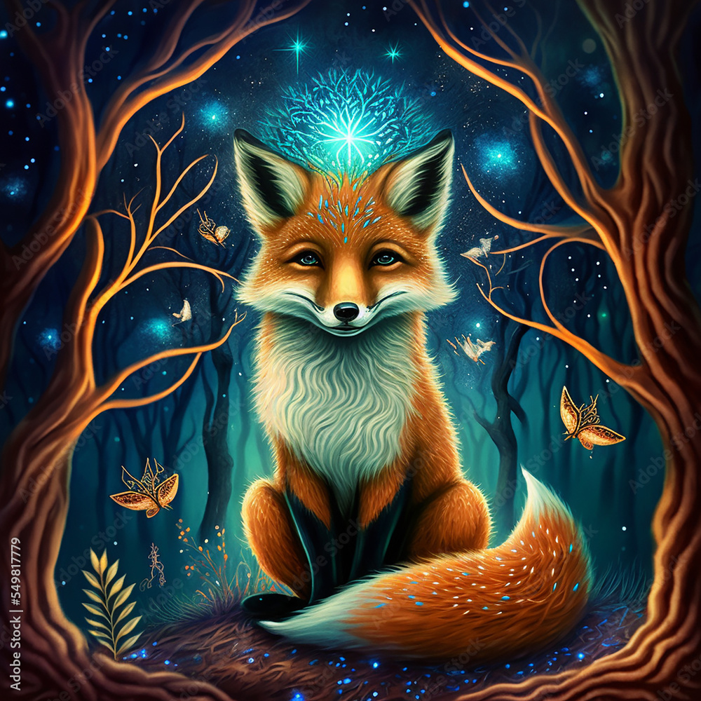 hyper-realistic portrait of an adorable fox by a tree in the forest at ...