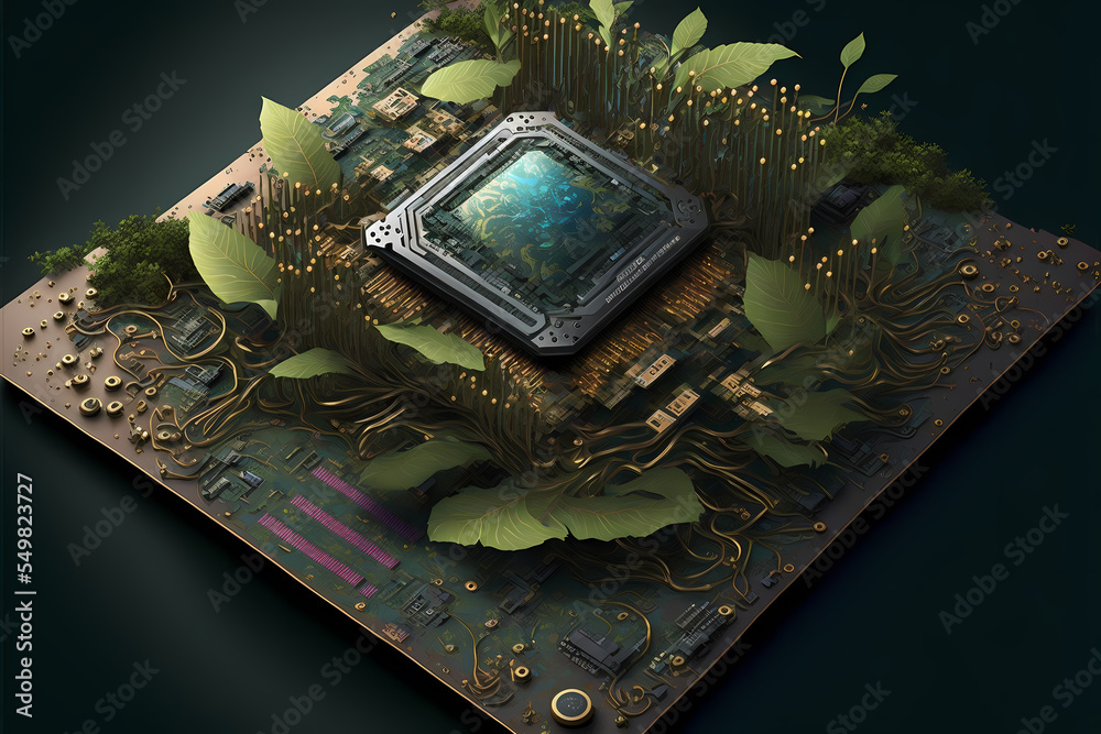 concept art of future sustainable nature chip cpu computer motherboard ...