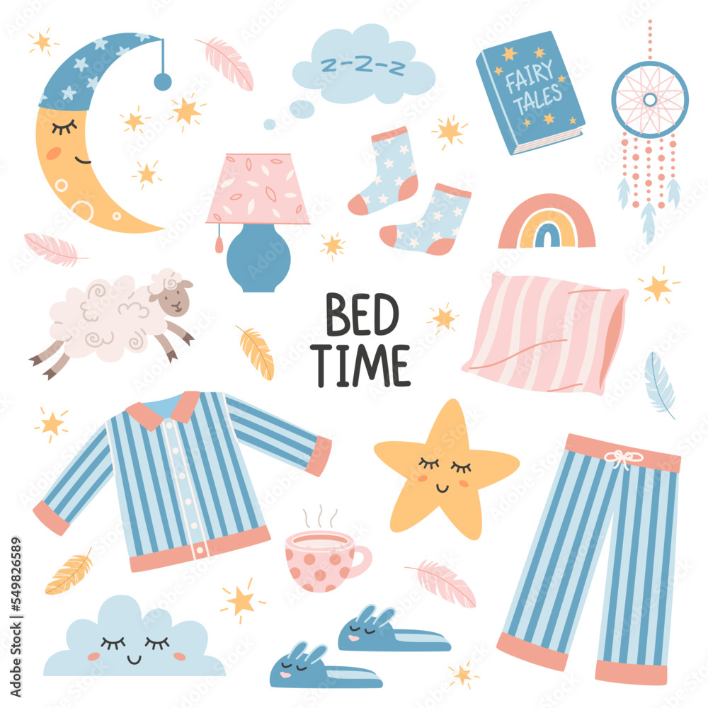 Set of illustrations in a flat style about sleeping. Sleep time objects ...