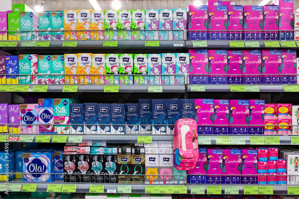 Assorted brands of sanitary pads being sold on store shelves. Minsk ...