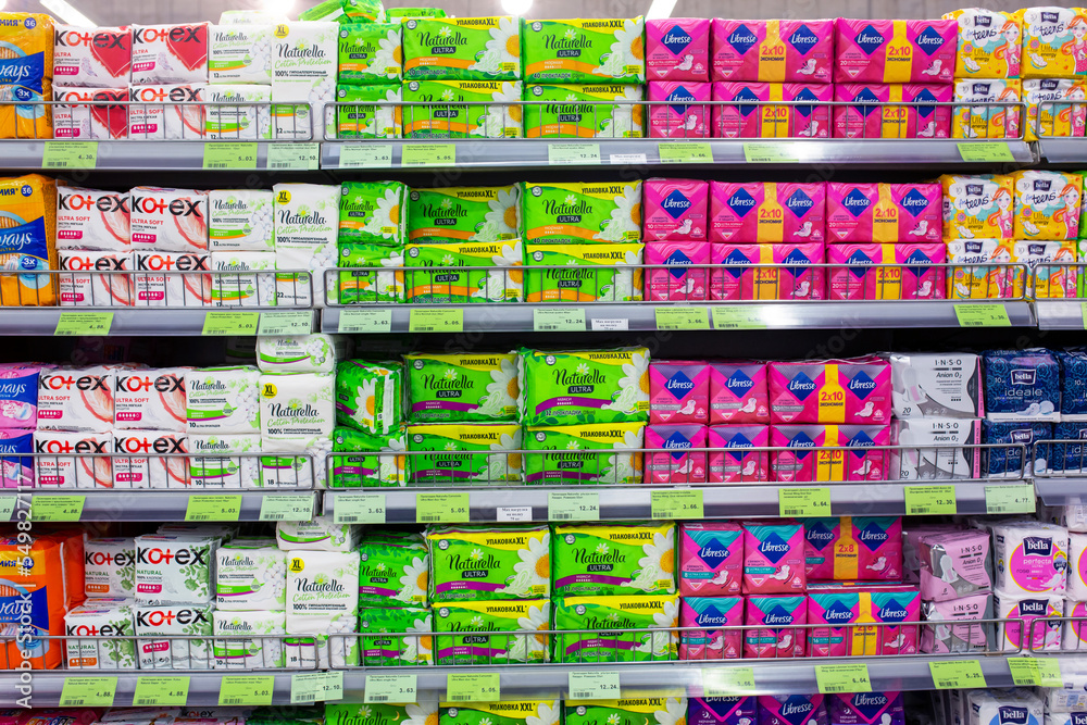 Assorted brands of sanitary pads being sold on store shelves. Minsk ...