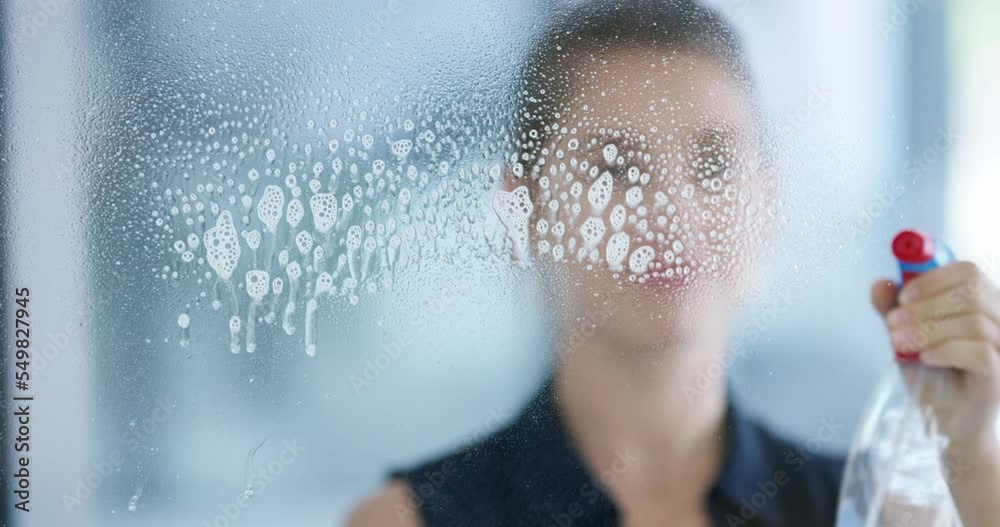 Window, hand and woman, cleaning and product for washing, hygiene and ...