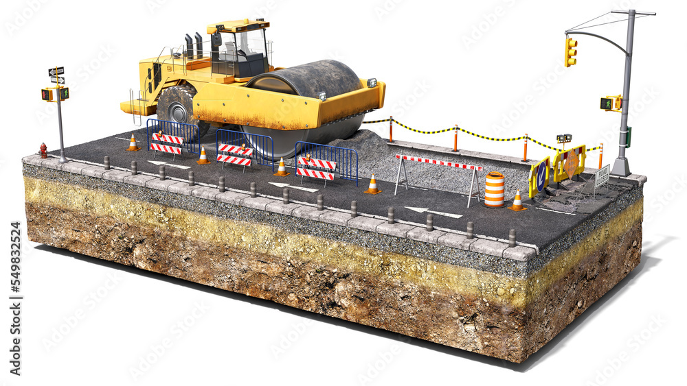 Concept of road works on a piece of ground, process of asphalt laying ...