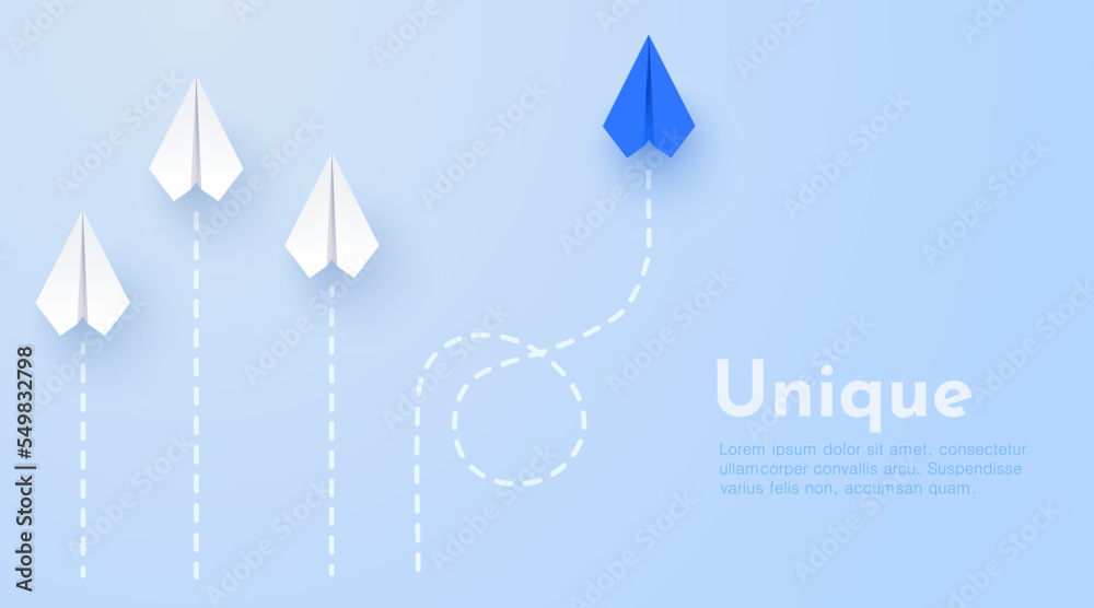 Paper planes flying forward. Leadership, success, finding new way and ...