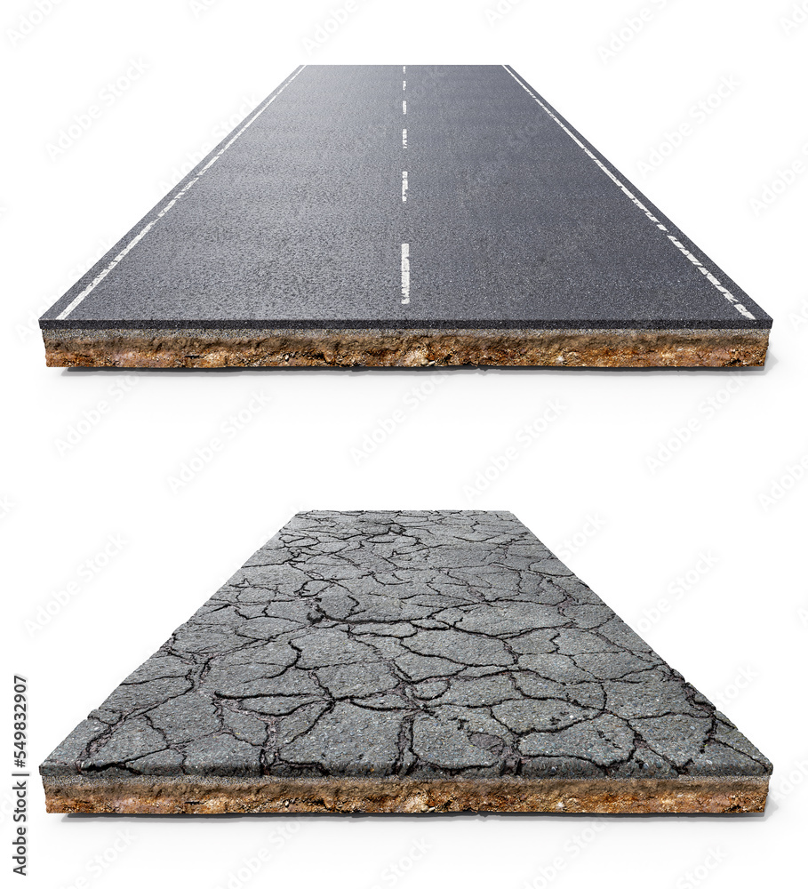 Set of asphalt roads on pieces of ground, front view on a new ...