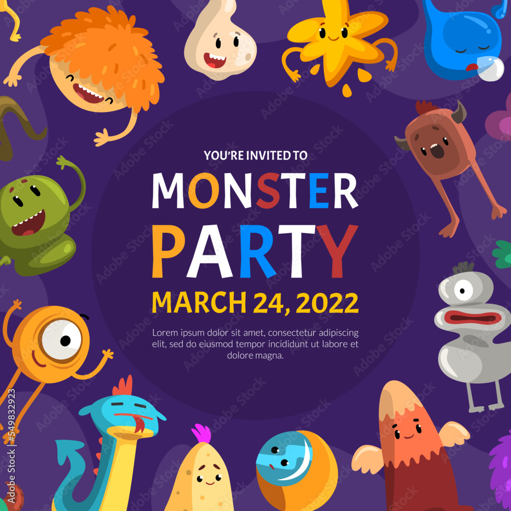 Cartoon Monster Character with Funny Face on Vector Party Invitation Card Template Stock Vector ...