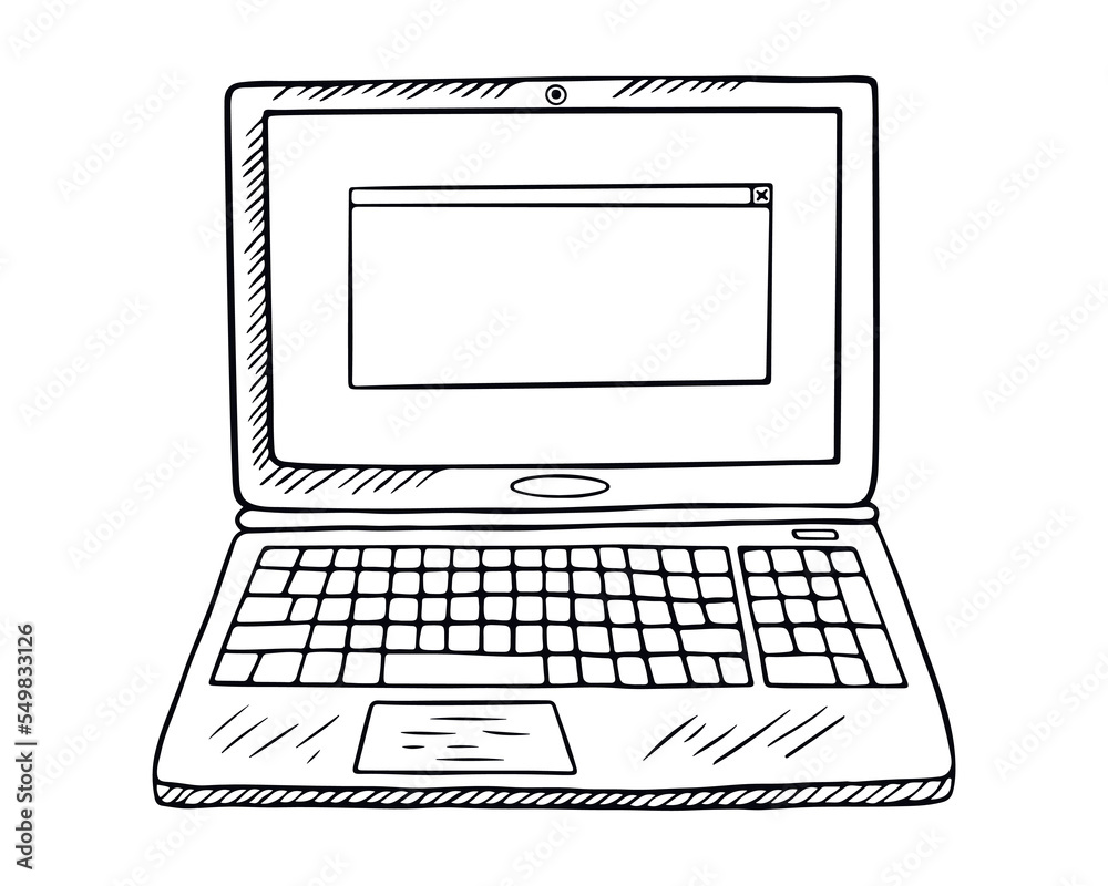 Illustration of laptop computer. Hand drawn doodle sketch style. Front ...