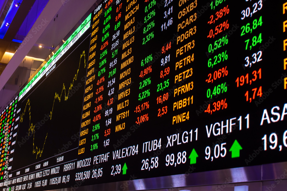 Sao Paulo, Brazil, November 22, 2022. Display with stock quotes in the ...