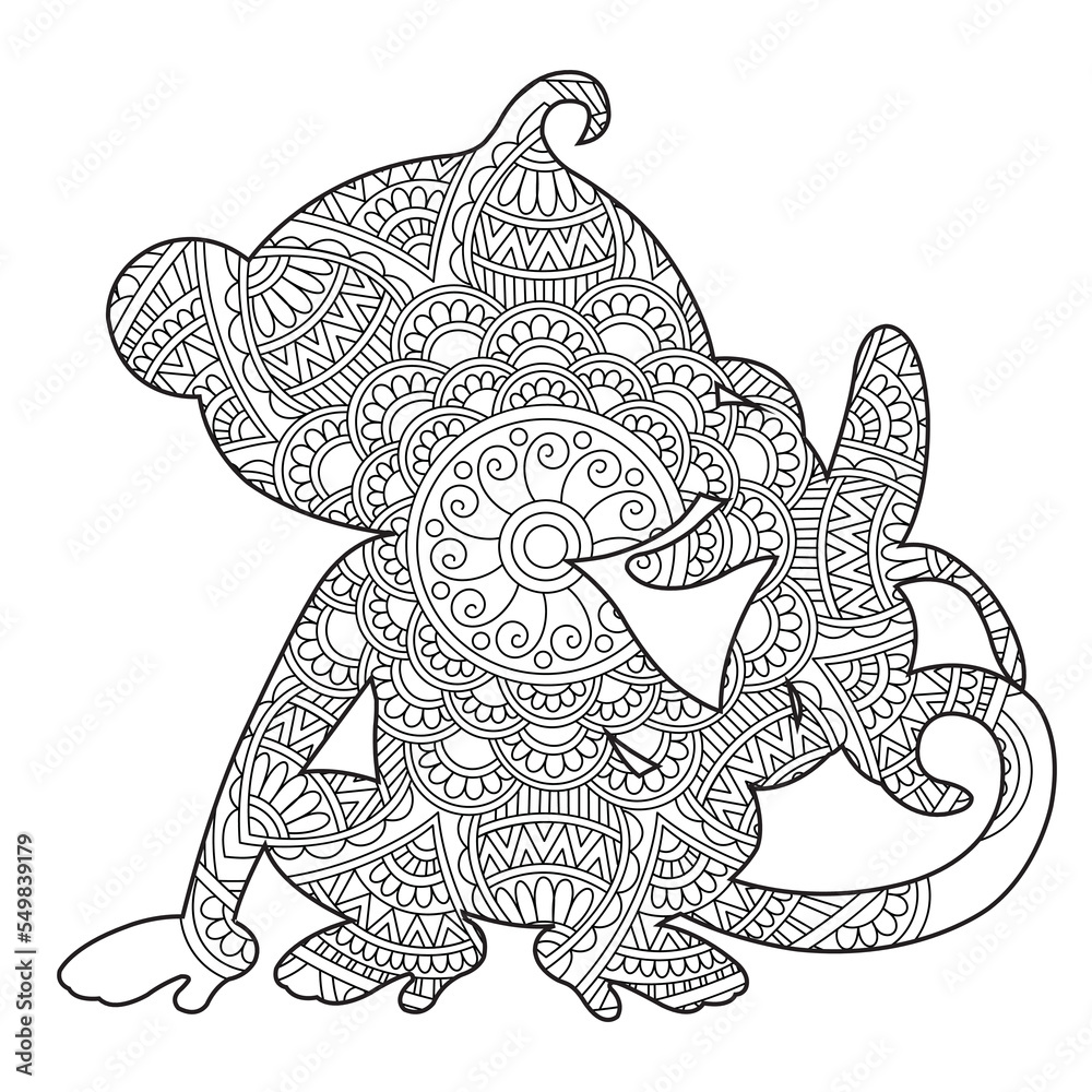 Zentangle monkey mandala coloring page for adults christmas monkey and ...